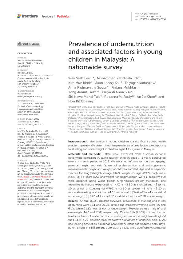 (PDF) Prevalence of undernutrition and associated factors in young ...