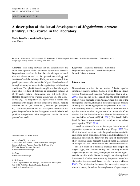 (PDF) A description of the larval development of Megabalanus azoricus ...