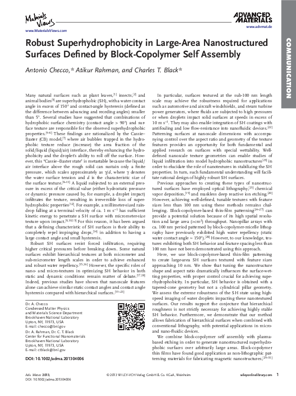 (PDF) Robust Superhydrophobicity in Large-Area Nanostructured Surfaces Defined by Block ...