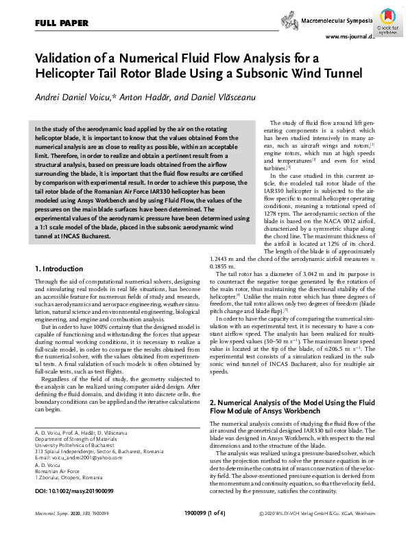 (PDF) Validation of a Numerical Fluid Flow Analysis for a Helicopter Tail Rotor Blade Using a ...