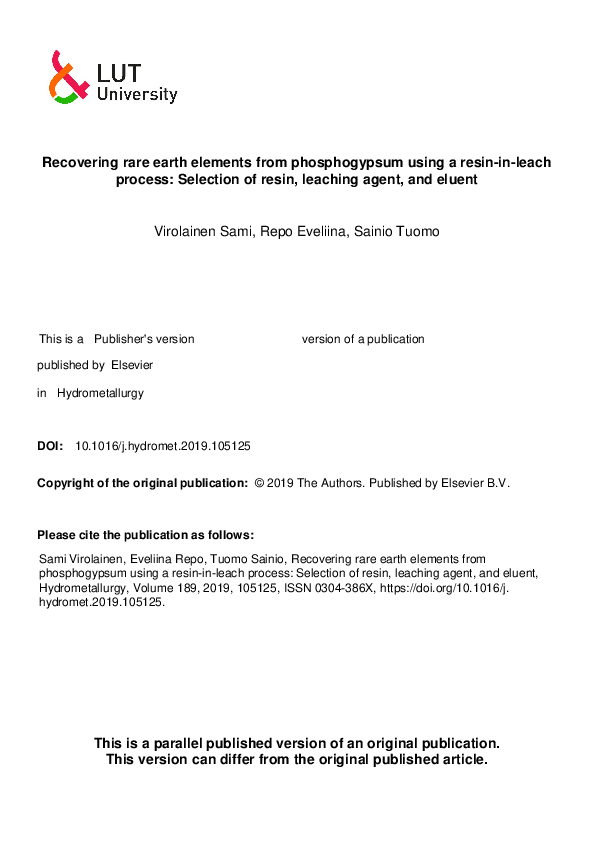 (PDF) Recovering rare earth elements from phosphogypsum using a resin ...