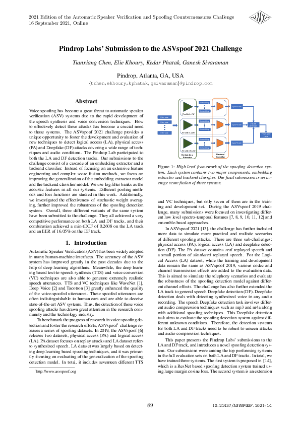 Pdf Pindrop Labs Submission To The Asvspoof 2021 Challenge