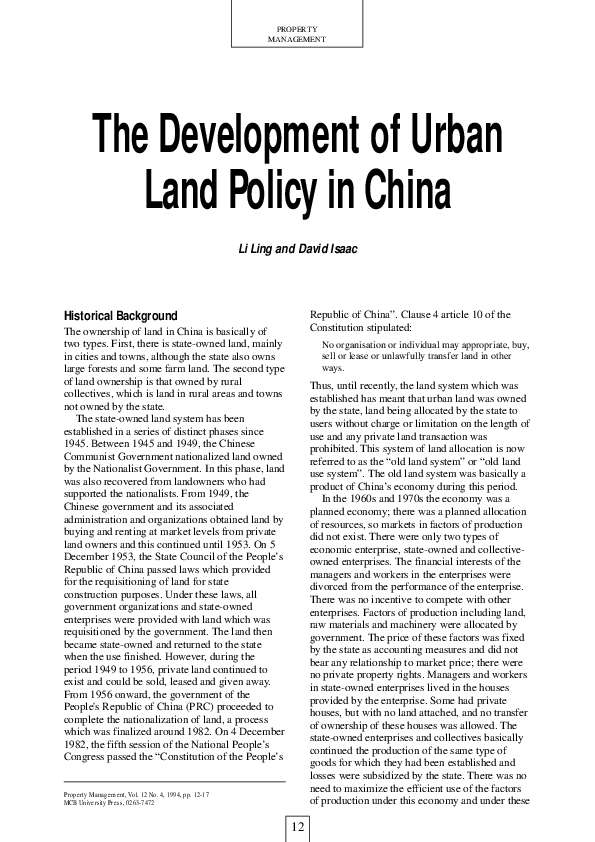 (PDF) The Development of Urban Land Policy in China
