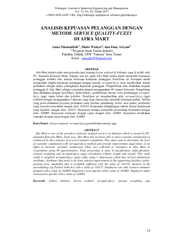 (PDF) Analisis Kepuasan Pelanggan Dengan Metode Service Quality-Fuzzy DI Afra Mart | anna ...