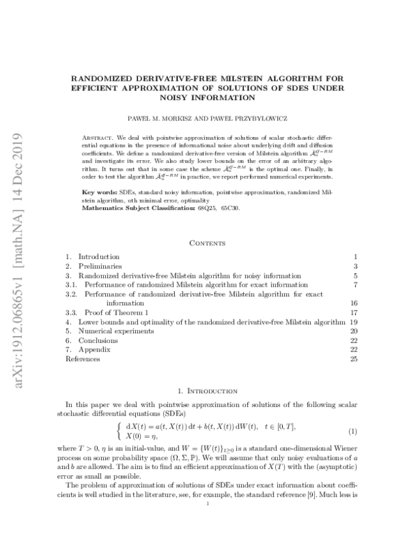 Pdf Randomized Derivative Free Milstein Algorithm For Efficient