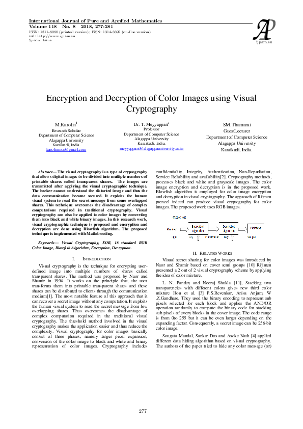 (PDF) Encryption and Decryption of Color Images using Visual Cryptography | M M.Karolin ...