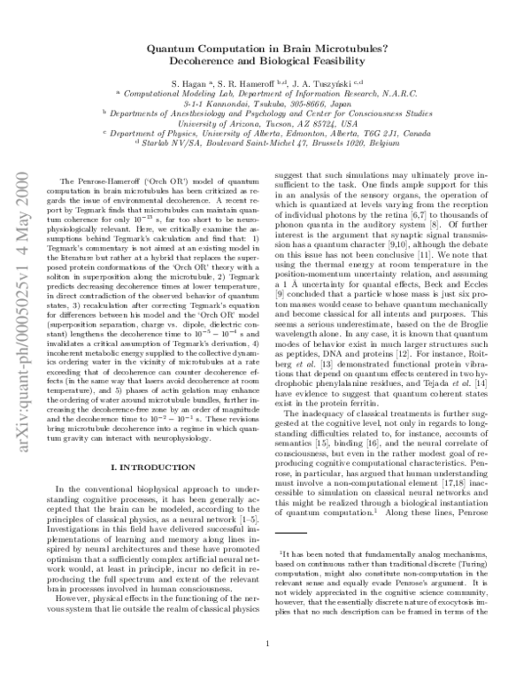 (PDF) Quantum computation in brain microtubules: Decoherence and biological feasibility