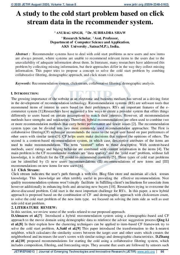 (PDF) A study to the cold start problem based on click stream data in the recommender system