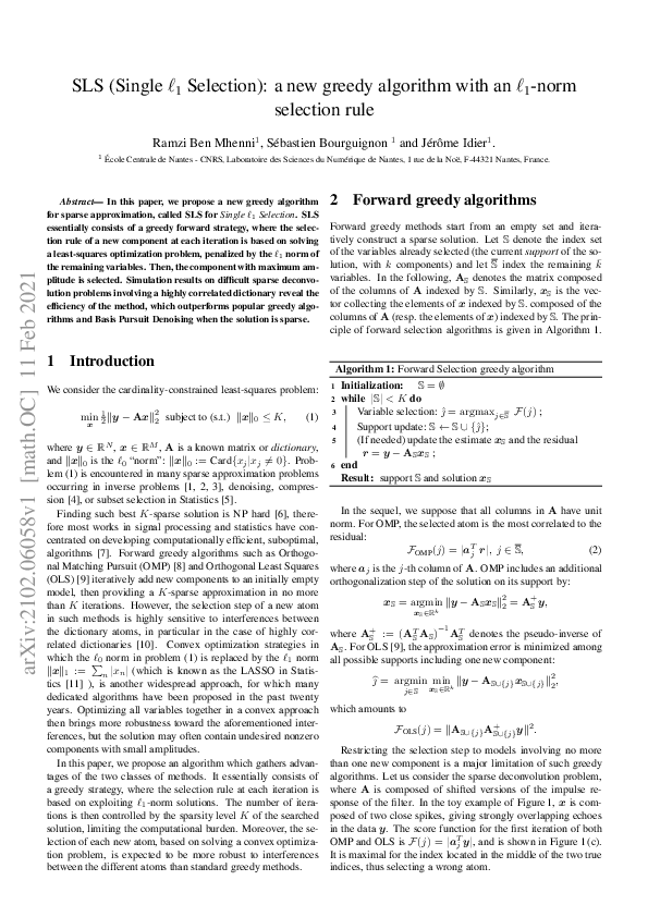 (PDF) SLS (Single 𝓁1 Selection): a new greedy algorithm with an 𝓁1-norm selection rule