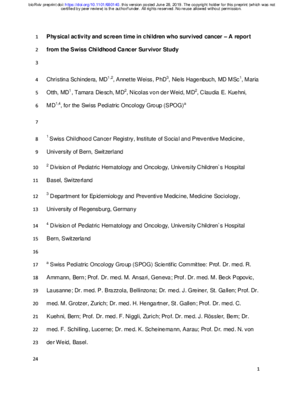 (PDF) Physical activity and screen time in children who survived cancer - A report from the ...