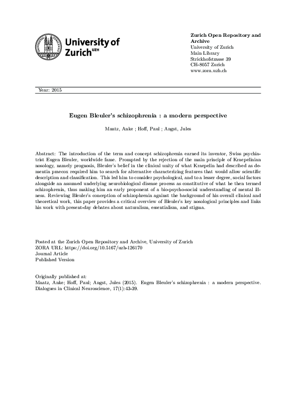 (PDF) Eugen Bleuler's schizophrenia—a modern perspective | Paul Hoff ...