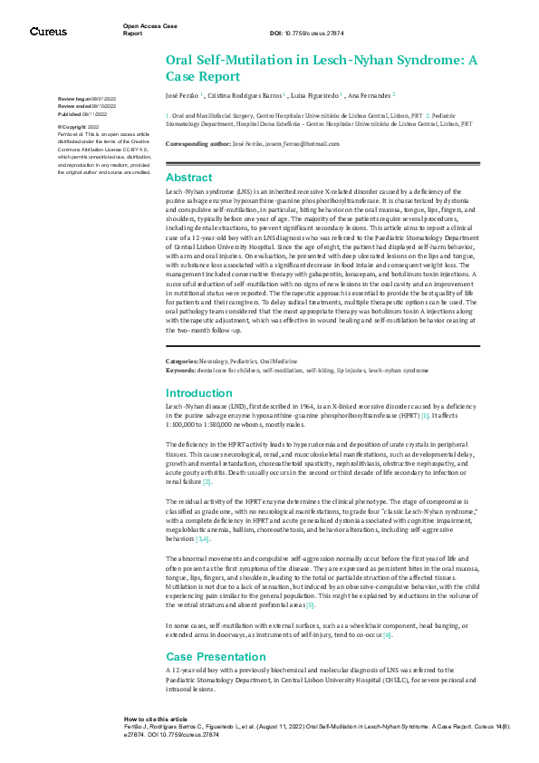 (PDF) Oral Self-Mutilation in Lesch-Nyhan Syndrome: A Case Report