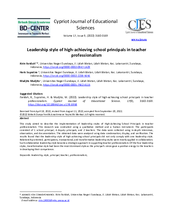 (PDF) Leadership style of high-achieving school principals in teacher professionalism