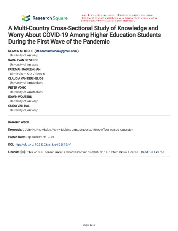 (PDF) A Multi-Country Cross-Sectional Study of Knowledge and Worry ...