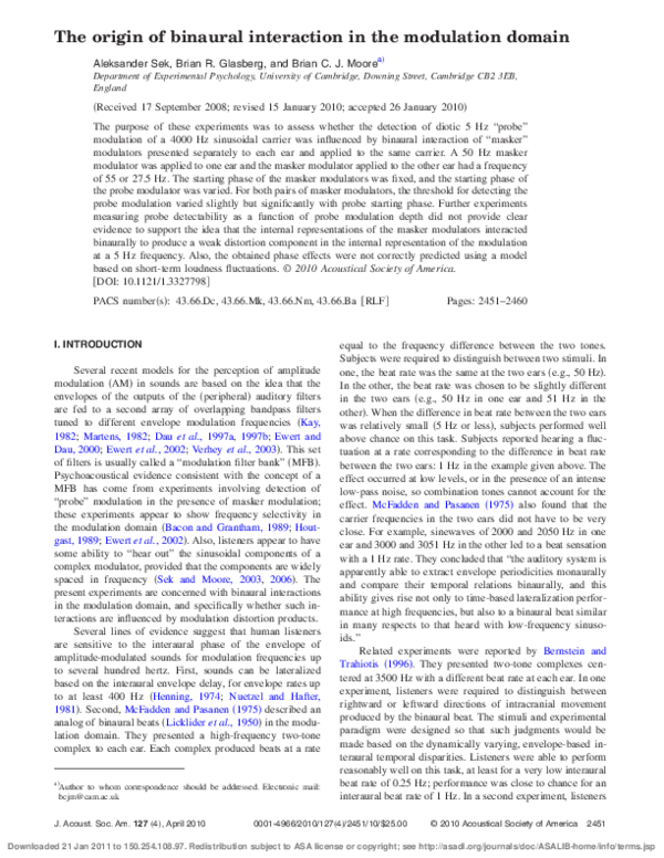 (PDF) The origin of binaural interaction in the modulation domain
