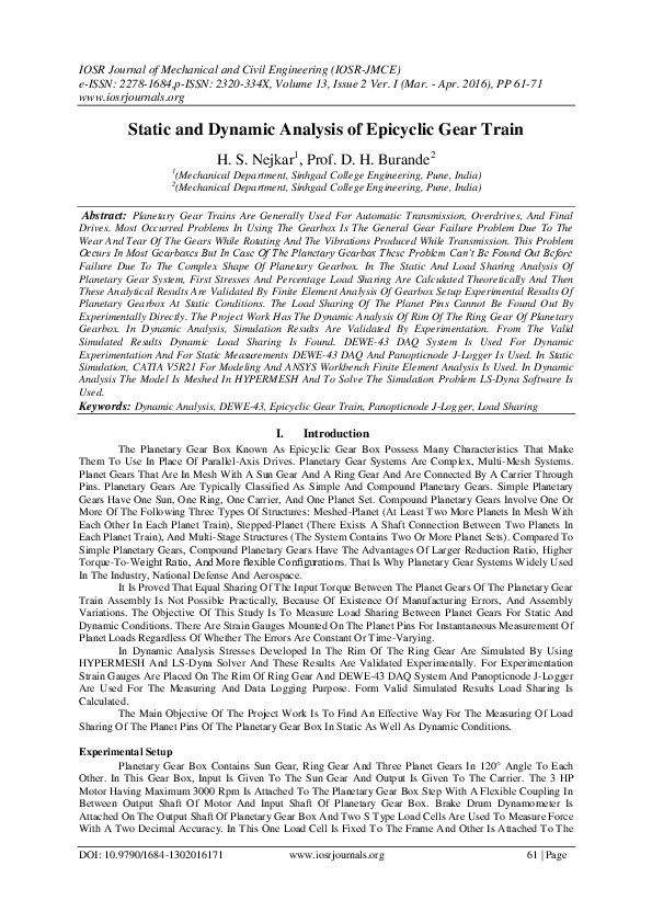 (PDF) Static and Dynamic Analysis of Epicyclic Gear Train | Harshal Nejkar - Academia.edu