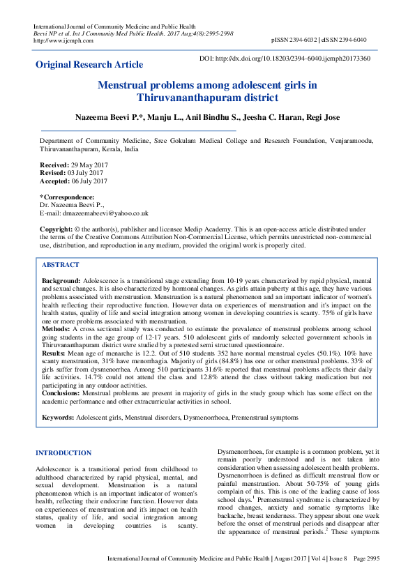 (PDF) Menstrual problems among adolescent girls in Thiruvananthapuram district