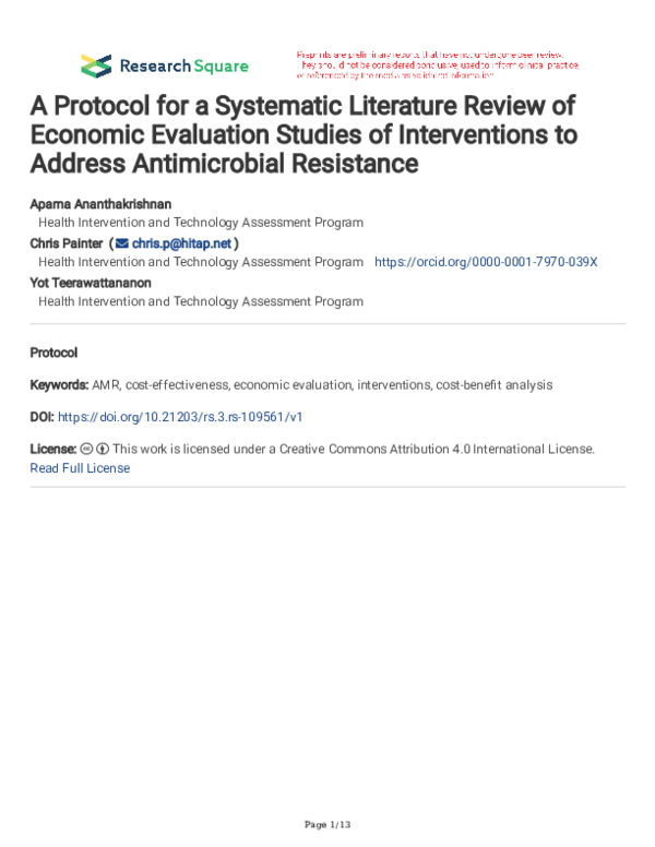 (PDF) A Protocol for a Systematic Literature Review of Economic Evaluation Studies of ...
