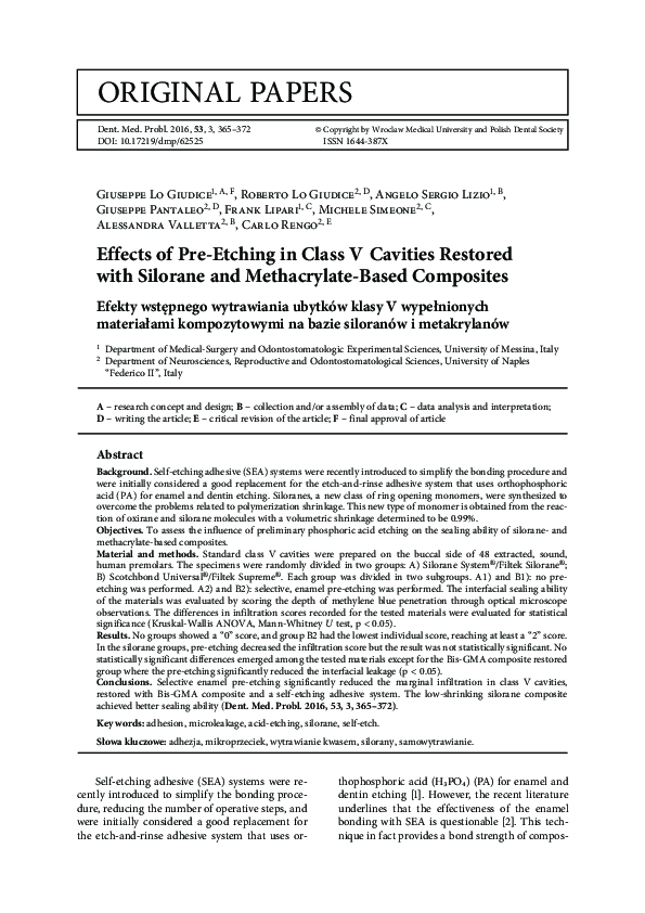 (PDF) Effects of Pre-Etching in Class V Cavities Restored with Silorane and Methacrylate-Based ...