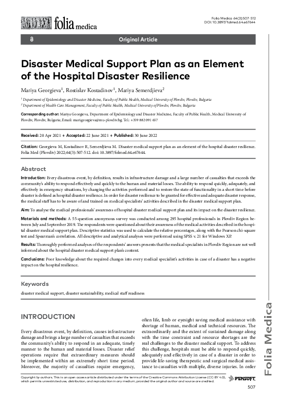 (PDF) Disaster medical support plan as an element of the hospital ...