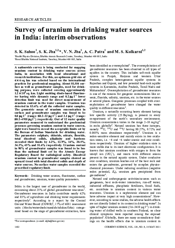 (PDF) Survey of uranium in drinking water sources in India: interim ...