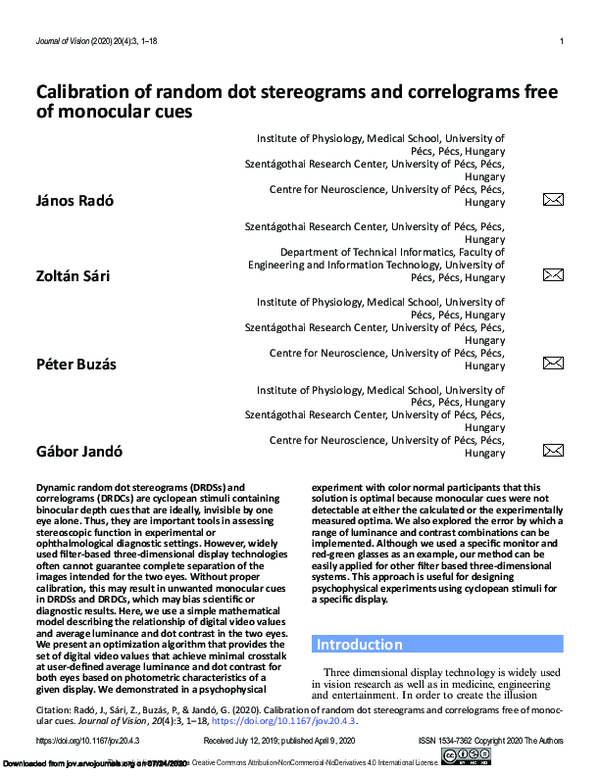 (PDF) Calibration of random dot stereograms and correlograms free of ...