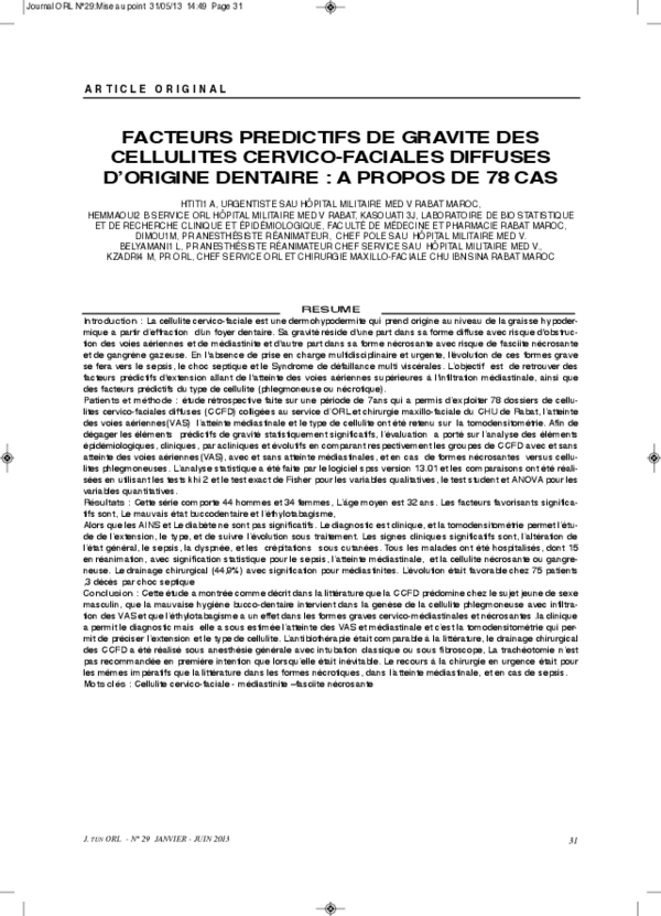 (PDF) Facteurs predictifs de gravite des cellulites cervico-faciales ...