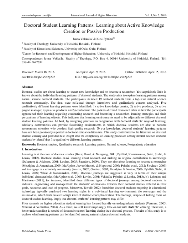 (PDF) Doctoral Student Learning Patterns: Learning about Active Knowledge Creation or Passive ...