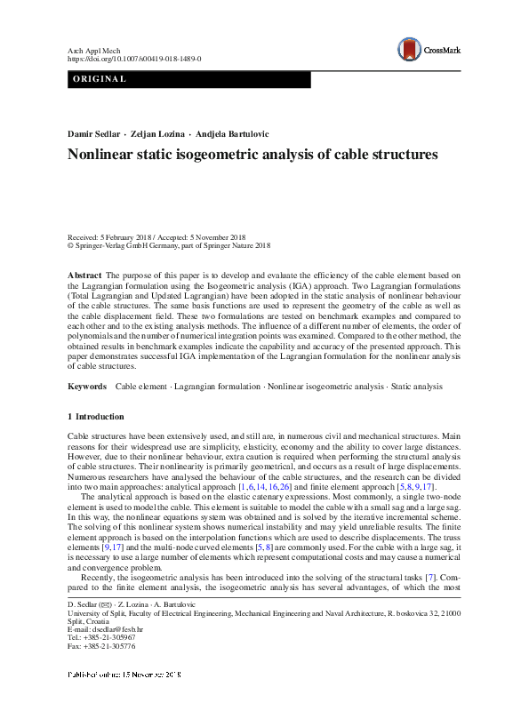 Pdf Isogeometric Nonlinear Analysis Of Cable Structures