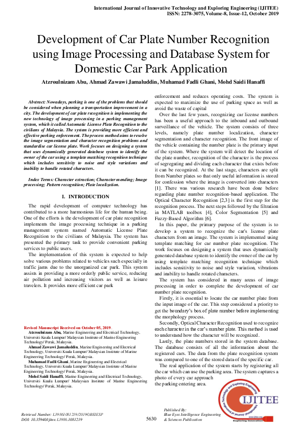 (PDF) Development of Car Plate Number Recognition using Image Processing and Database System for ...