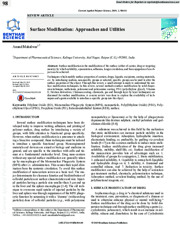 (PDF) Surface Modification: Approaches and Utilities