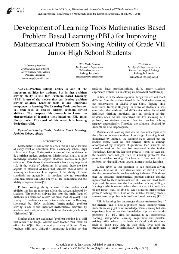 (PDF) Development of Learning Tools Mathematics Based Problem Based Learning (PBL) for Improving ...