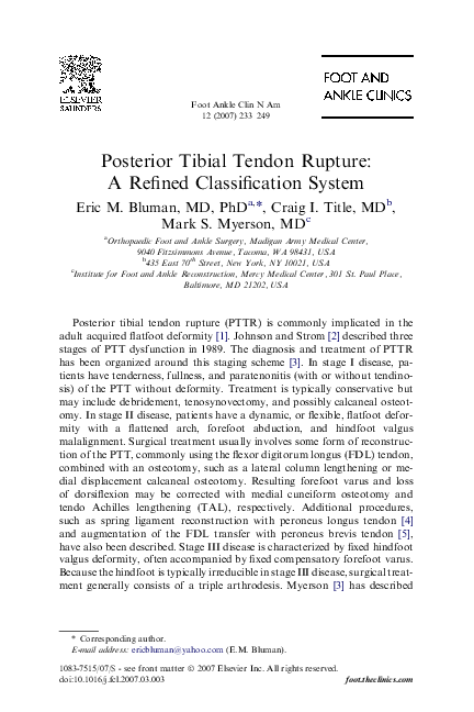 (PDF) Posterior tibial tendon rupture: a refined classification system ...