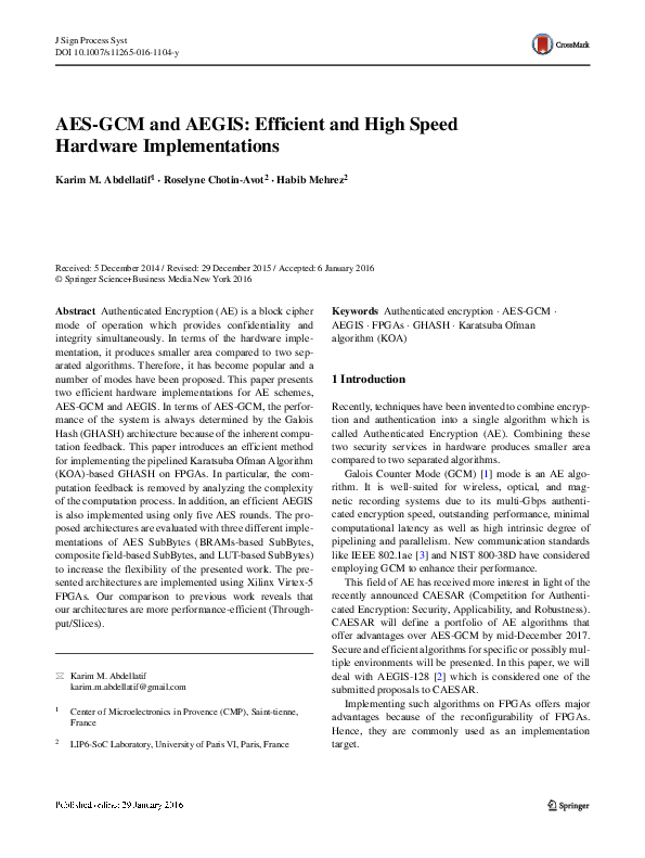 Pdf Aes Gcm And Aegis Efficient And High Speed Hardware Implementations