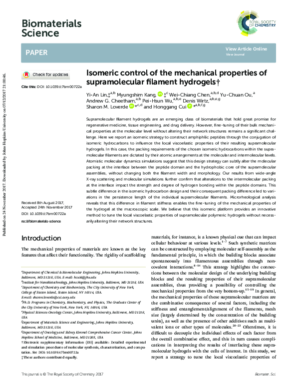 (PDF) Isomeric control of the mechanical properties of supramolecular filament hydrogels