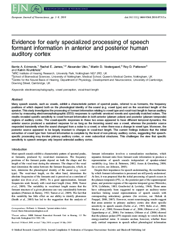 (PDF) Evidence for early specialized processing of speech formant information in anterior and ...