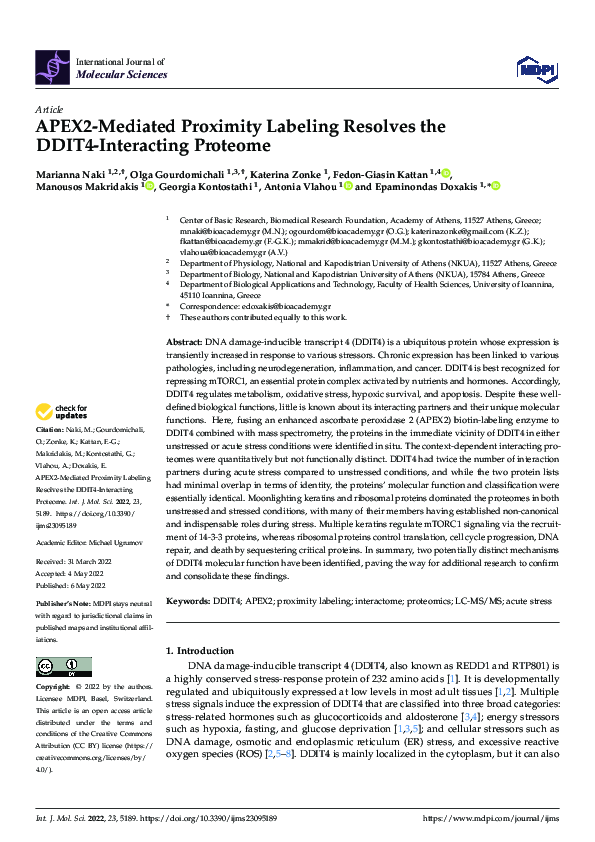 Pdf Apex2 Mediated Proximity Labeling Resolves The Ddit4 Interacting Proteome Marianna Naki