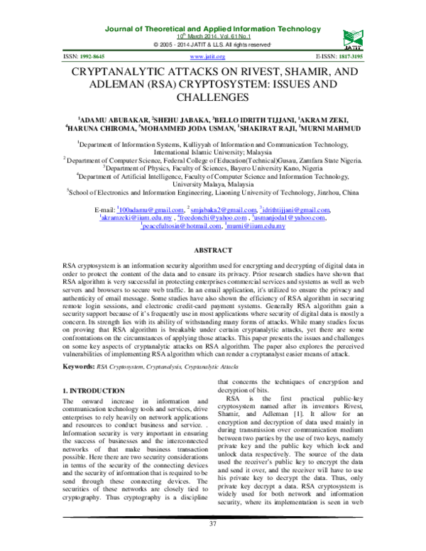 (PDF) Cryptanalytic Attacks on Rivest, Shamir, and Adleman (Rsa) Cryptosystem: Issues and Challenges
