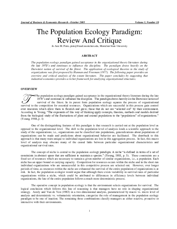 (PDF) The Population Ecology Paradigm: Review And Critique