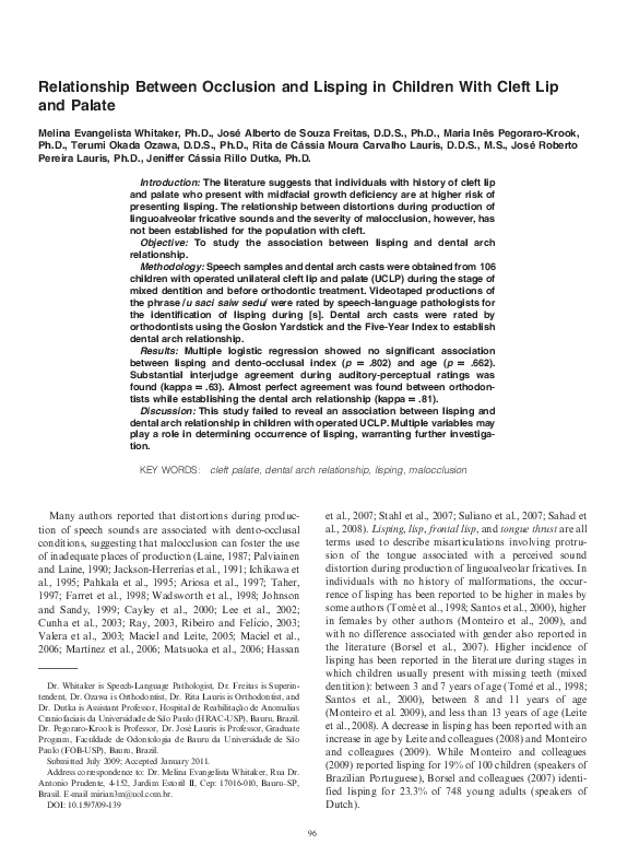 (PDF) Relationship between Occlusion and Lisping in Children with Cleft ...