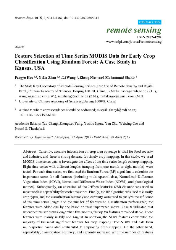 (PDF) Feature Selection of Time Series MODIS Data for Early Crop ...