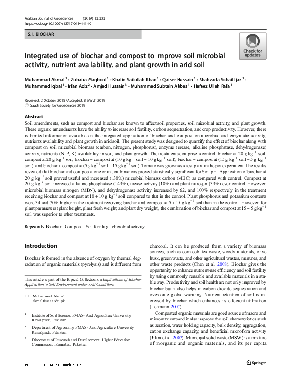 (PDF) Integrated use of biochar and compost to improve soil microbial activity, nutrient ...