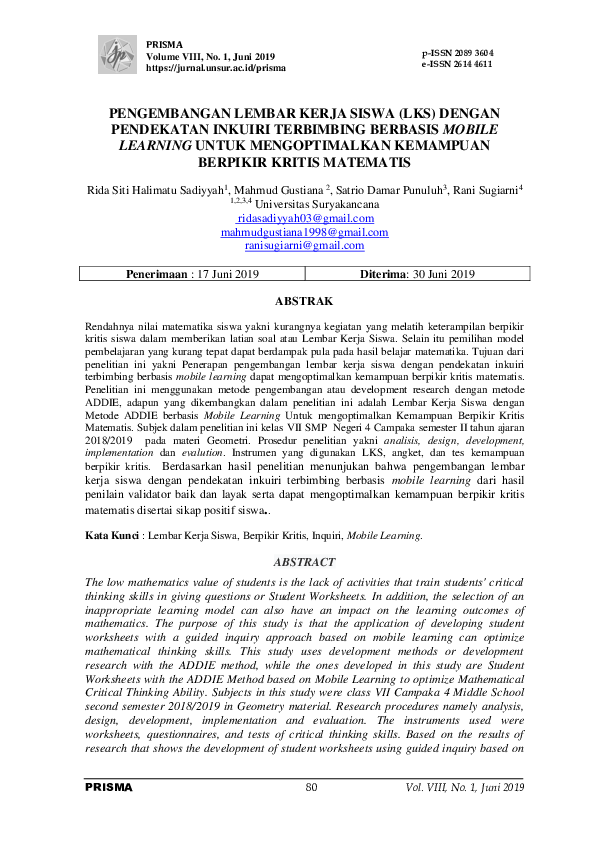 (PDF) Pengembangan Lembar Kerja Siswa (LKS) dengan Pendekatan Kontekstual pada Pendidikan ...