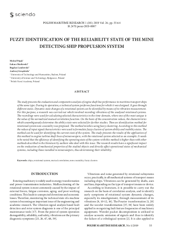 (PDF) Fuzzy Identification of The Reliability State of The Mine Detecting Ship Propulsion System