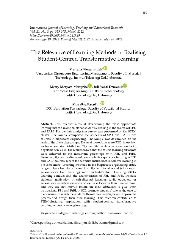 (PDF) The Relevance of Learning Methods in Realising Student-Centred ...