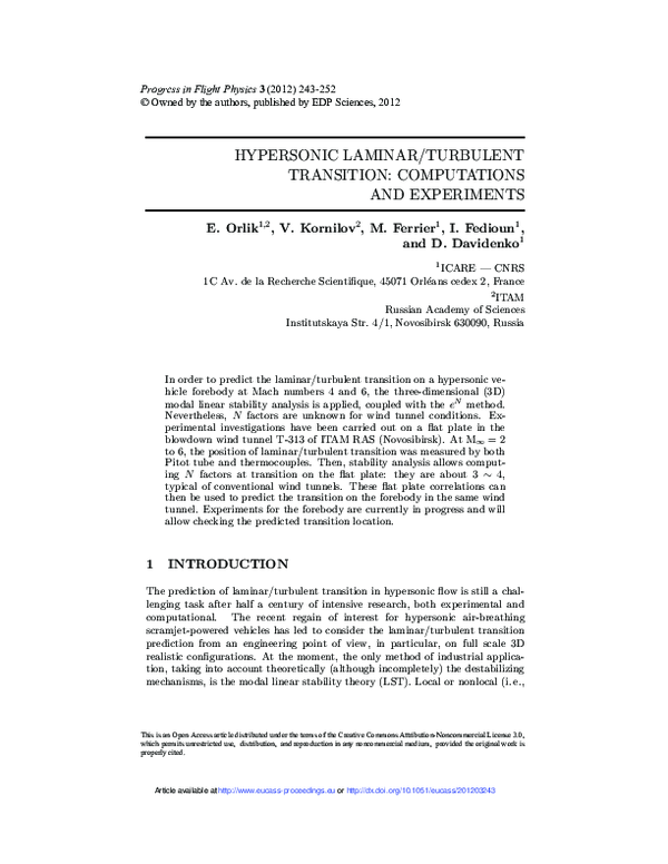 (PDF) Hypersonic laminar/turbulent transition: computations and experiments