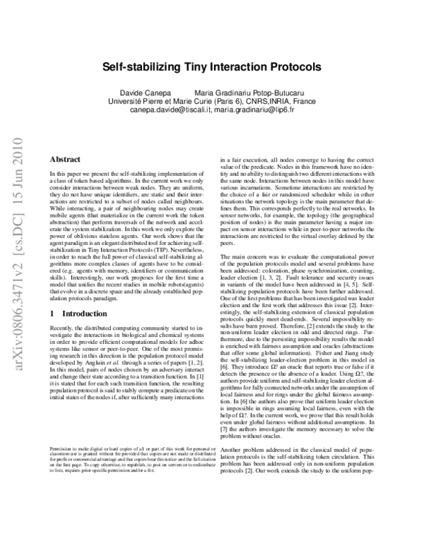 (PDF) Self-stabilizing tiny interaction protocols
