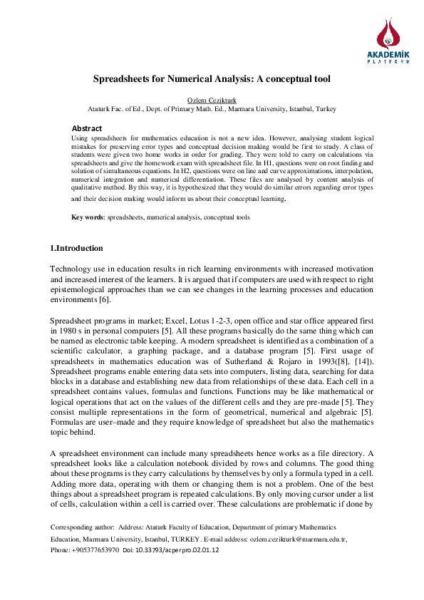 Pdf Spreadsheets For Numerical Analysis A Conceptual Tool