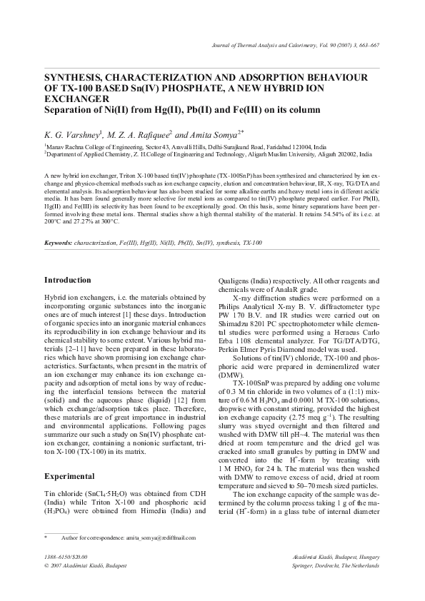 (PDF) Synthesis, characterization and adsorption behaviour of TX-100 ...