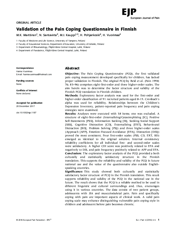 (PDF) Validation of the Pain Coping Questionnaire in Finnish